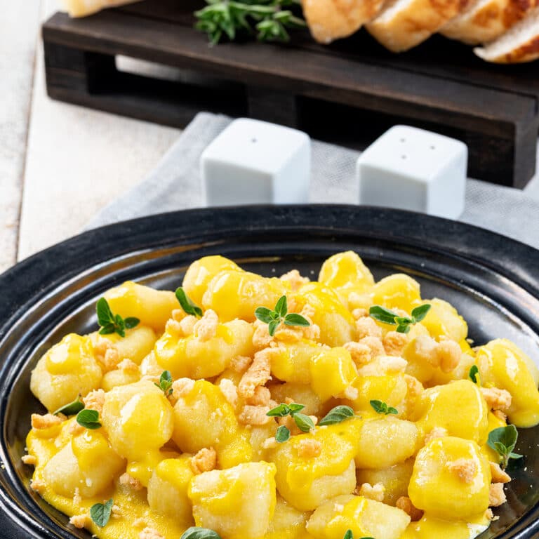 Saffron Fondue and Parmesan Crumble | Patarò Gnocchi